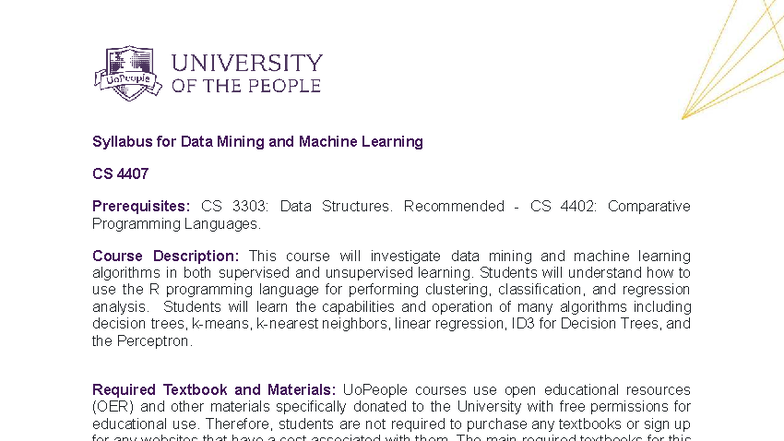 CS 4407 Syllabus - Data Mining & Machine Learning Overview - Studocu