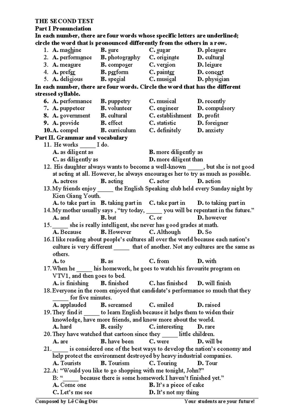 English THI DIEM 7 HKI Pronunciation & Grammar Test (45 Min) - Studocu
