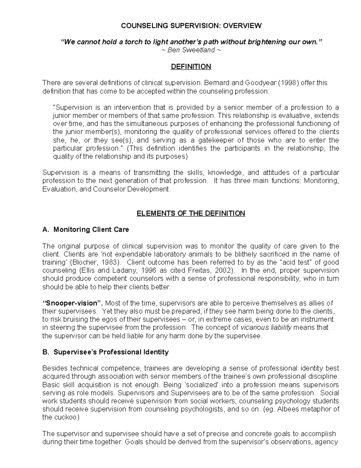 COUNSELING SUPERVISION: DEFINITIONS, FUNCTIONS, AND ETHICAL PRACTICES ...