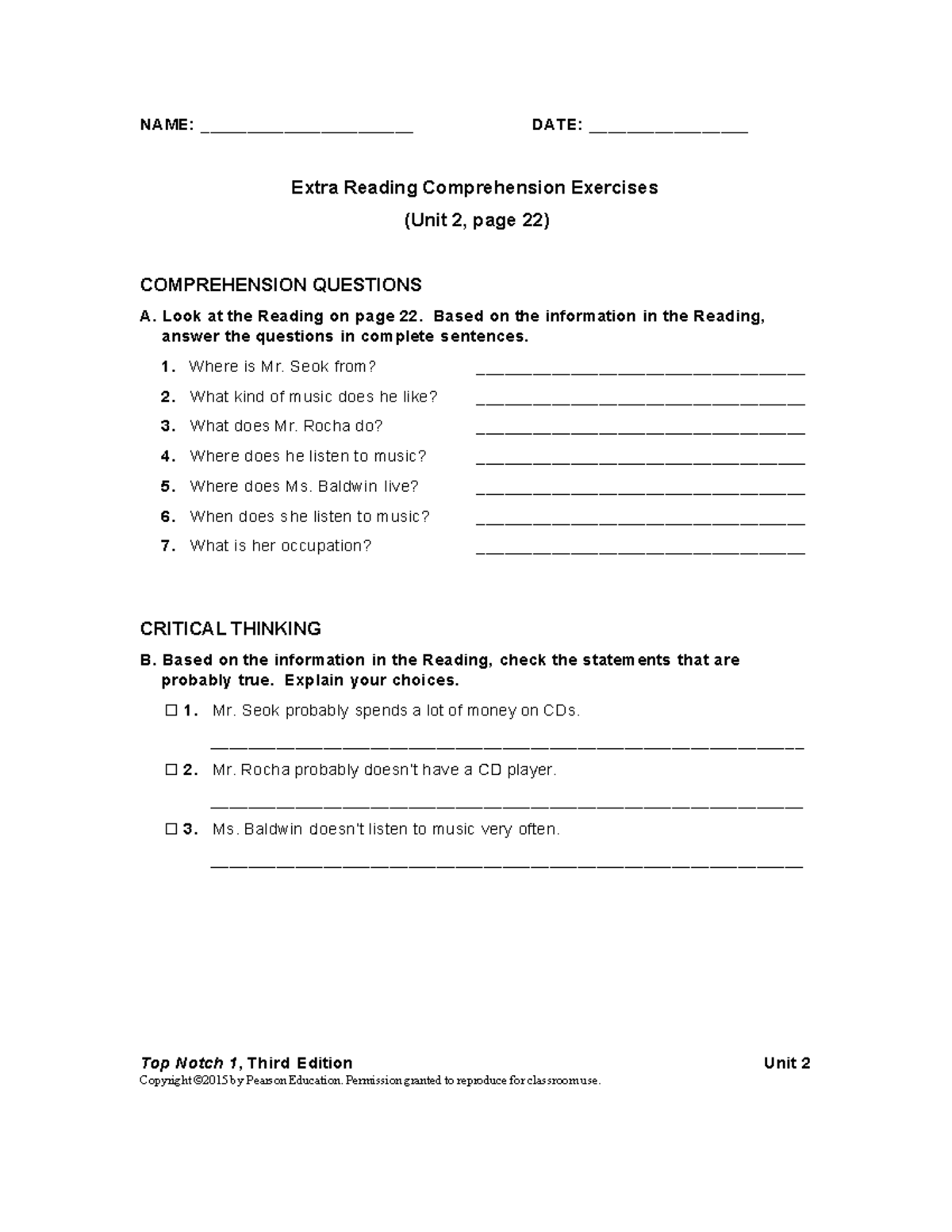 Review Unit 2 and extra reading comprehension - NAME ...