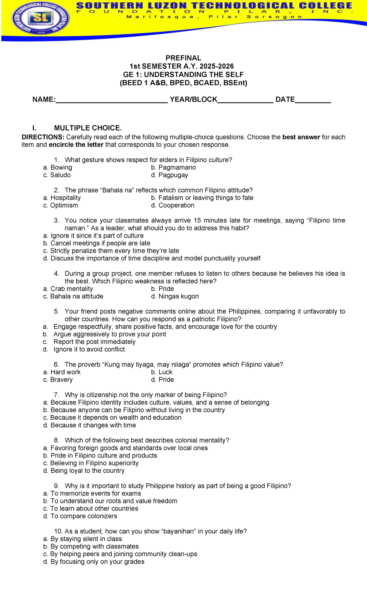 GE 1: Understanding the Self Prefinal Exam 1st Sem A.Y. 2025-2026 - Studocu