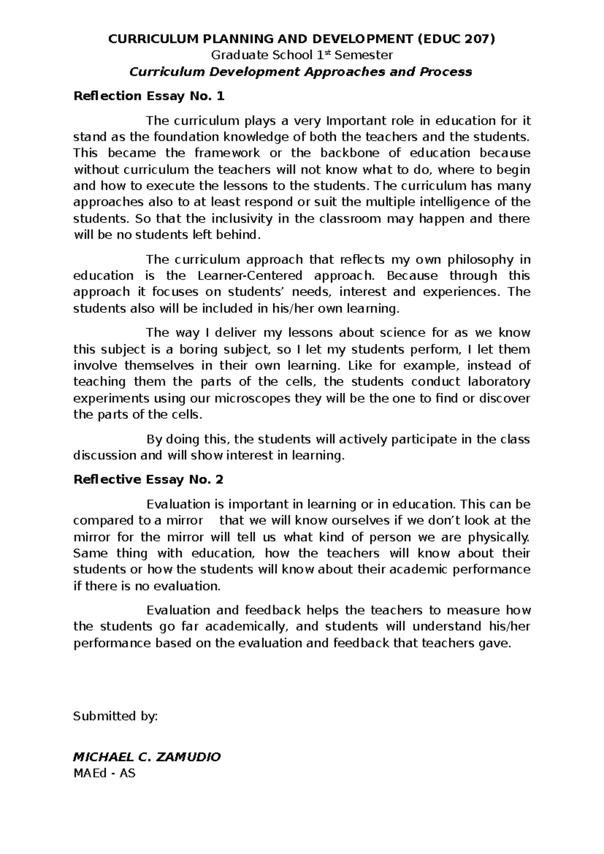 Curriculum Development Reflection Essay (EDUC 207) - MAEd AS - Studocu