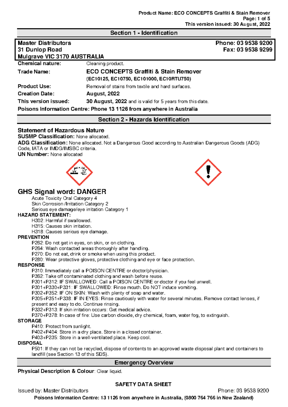 ECO CONCEPTS Graffiti Stain Remover Safety Data Sheet (SDS) - Studocu