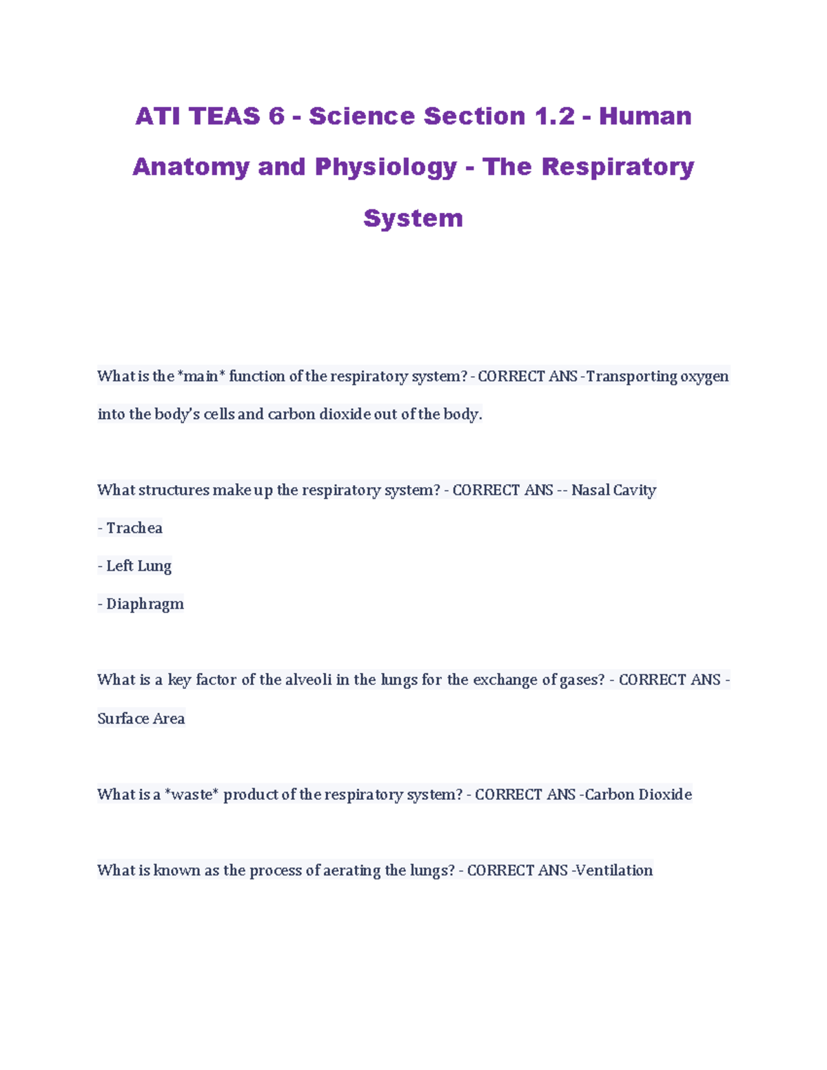 ATI TEAS 6 Science Section 1.2 - Overview of the respiratory system ...