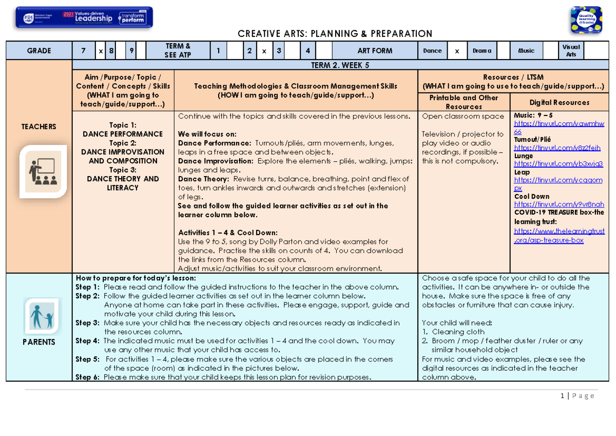 Grade 7 Creative Arts Dance Lesson Plan T2 W5: Performance ...