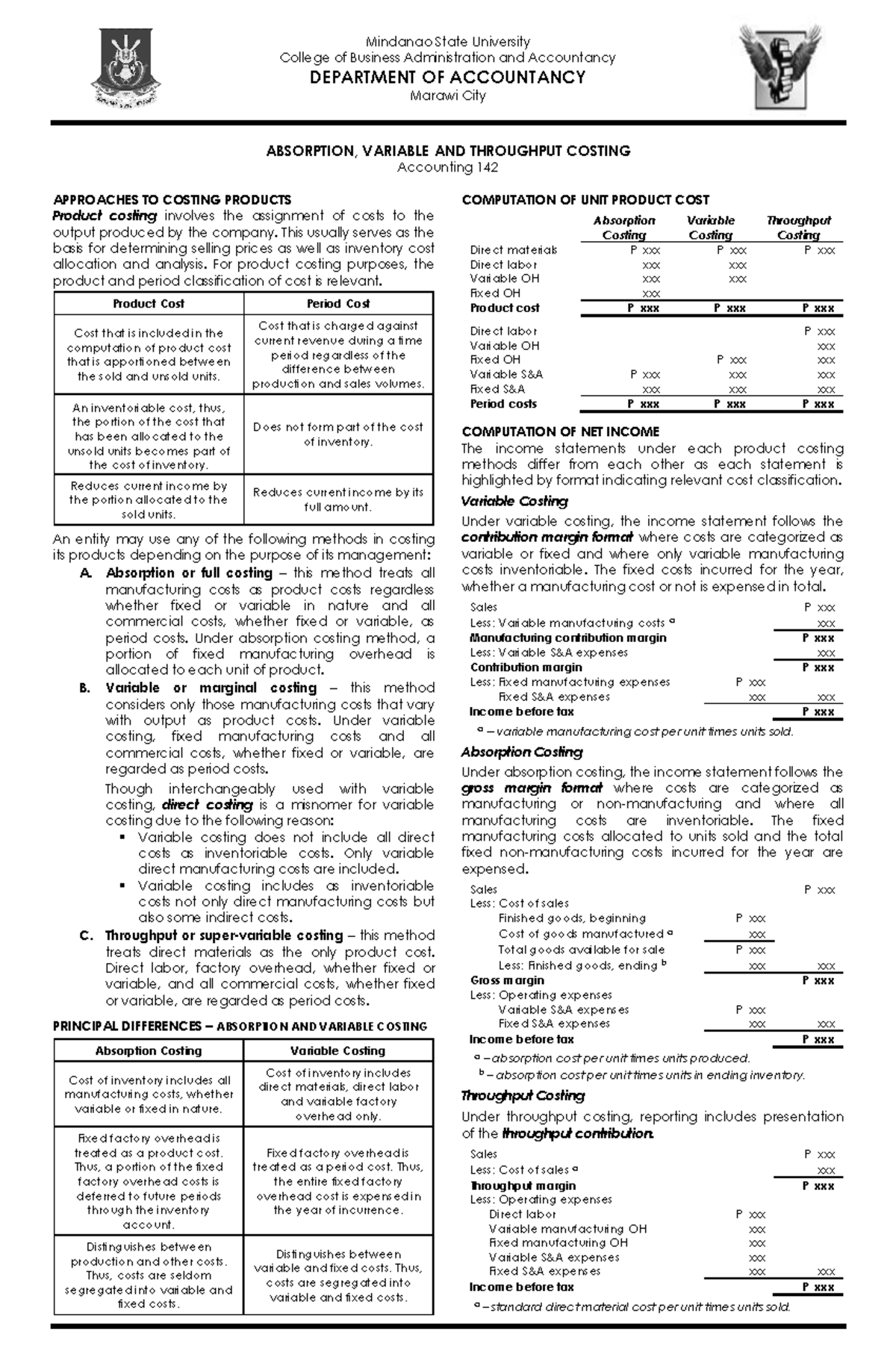 Accounting 142: Absorption, Variable & Throughput Costing (Final) - Studocu