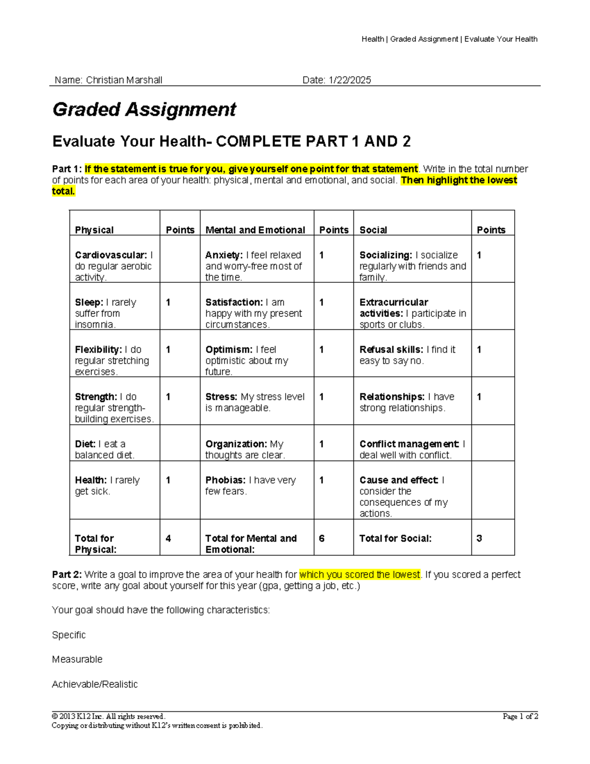 Part 1 - idk - Health | Graded Assignment | Evaluate Your Health Name ...