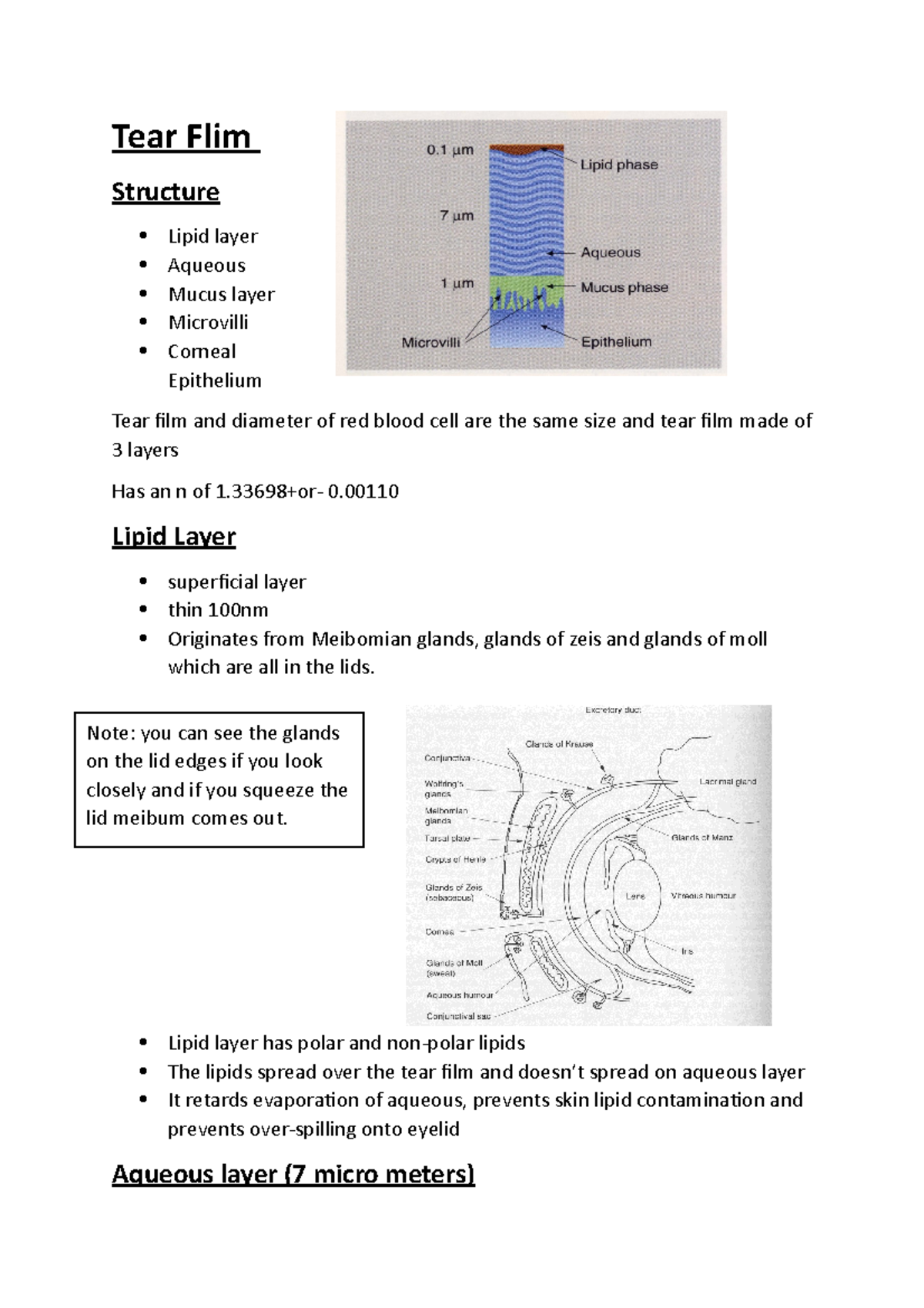Tear Flim Notes - Tear Flim Structure Lipid layer Aqueous Mucus layer ...