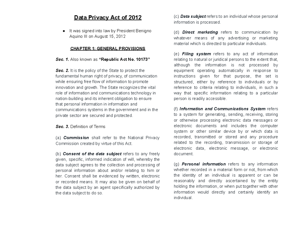 Data Privacy Act of 2012: Key Provisions and Principles Summary - Studocu