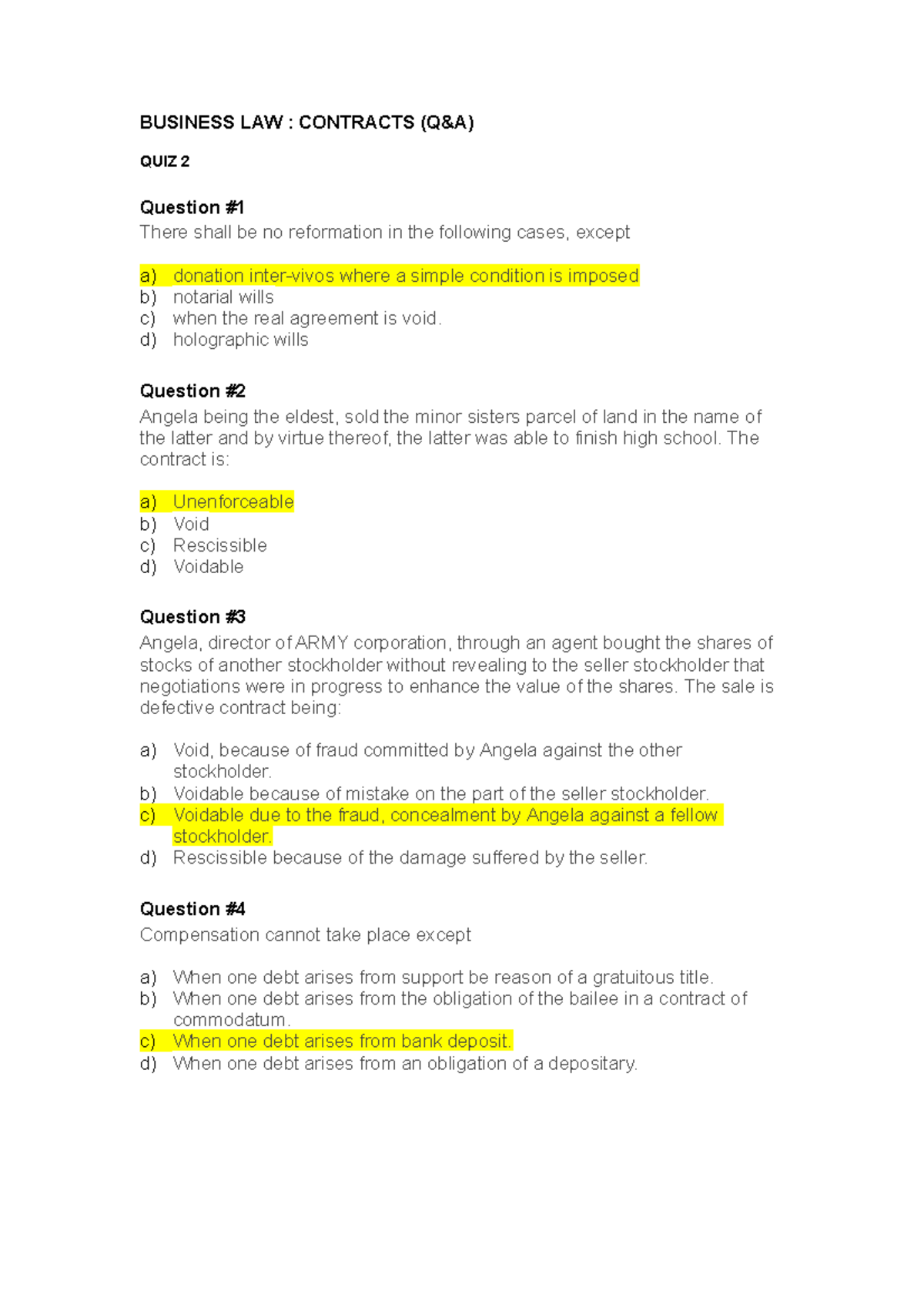 Business Law (BUS 101): Contracts Quiz 2 - Questions & Answers - Studocu