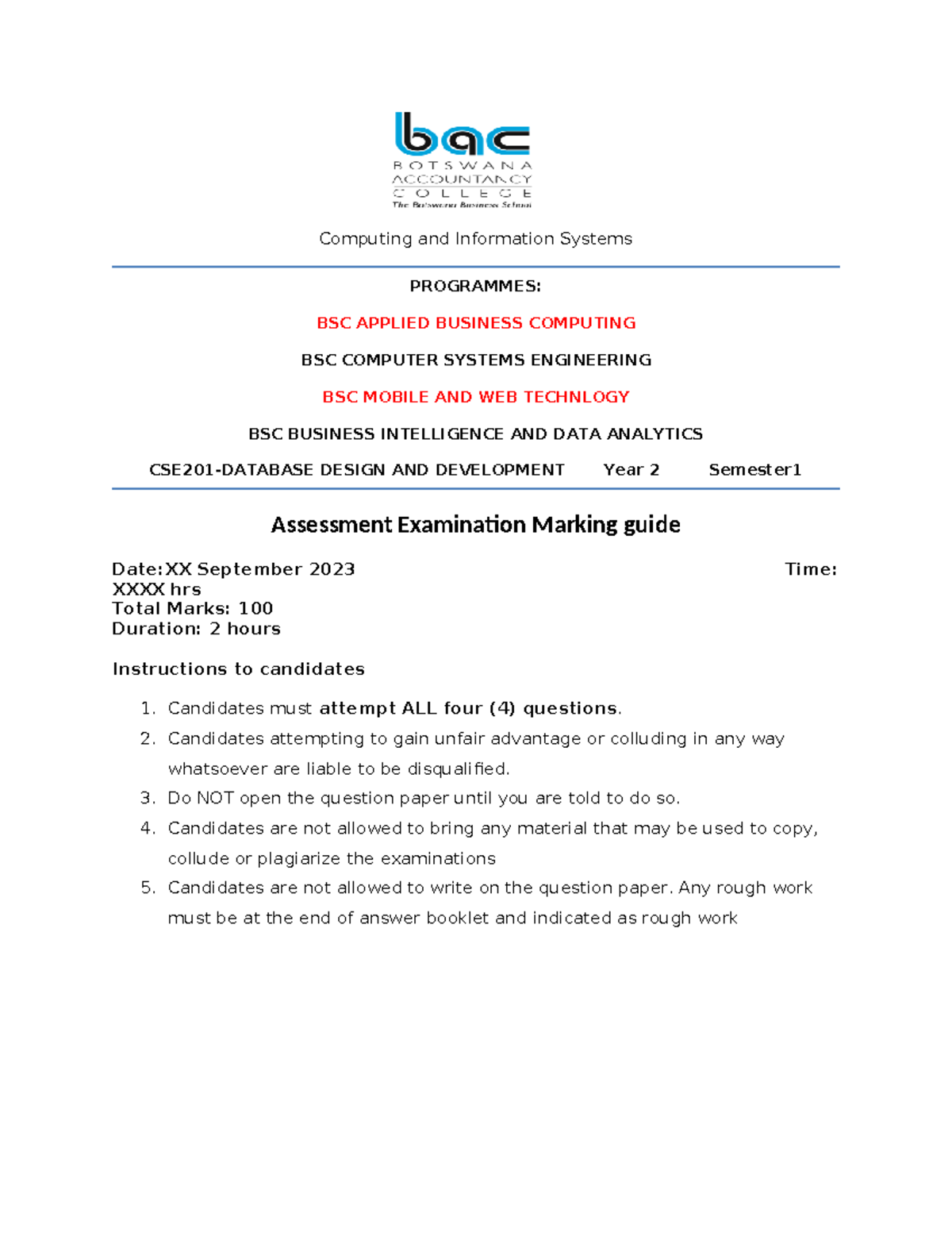 DDDAssessment 2023MG: Year 2 Semester 1 Exam Marking Guide - Studocu