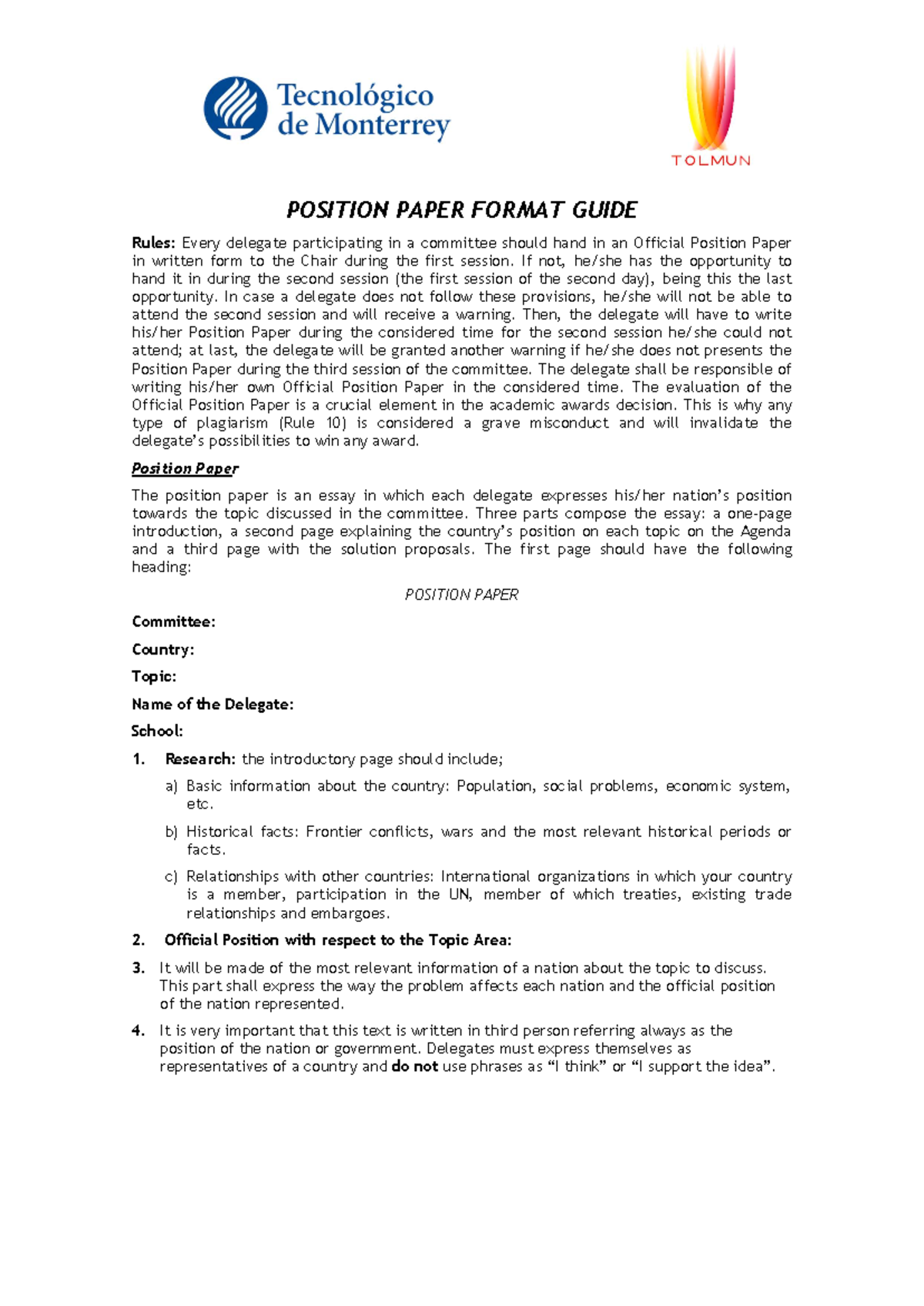 Position Paper Guidelines for MUN Delegates - Studocu