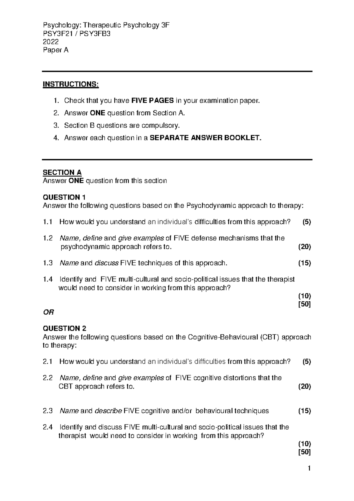 Psychology: Therapeutic Psychology 3F PSY3F21 2022 Exam Paper A - Studocu
