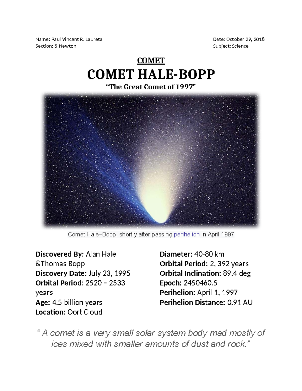 Science - Lecture Notes on Comets, Meteorites, and Myths - Studocu