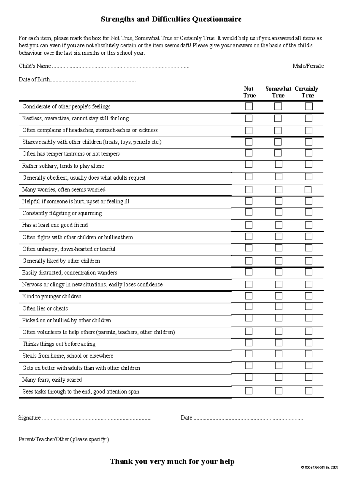 SDQ UK English Single Side Questionnaire: Strengths & Difficulties ...