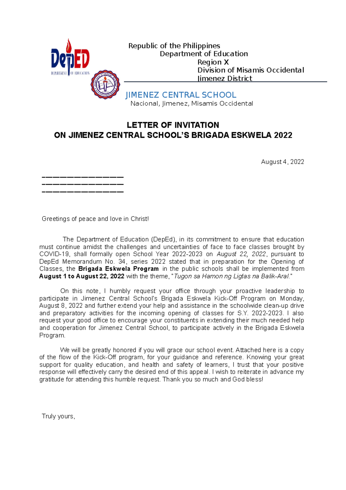 Invitation Letter for Jimenez Central School Brigada Eskwela 2022 - Studocu