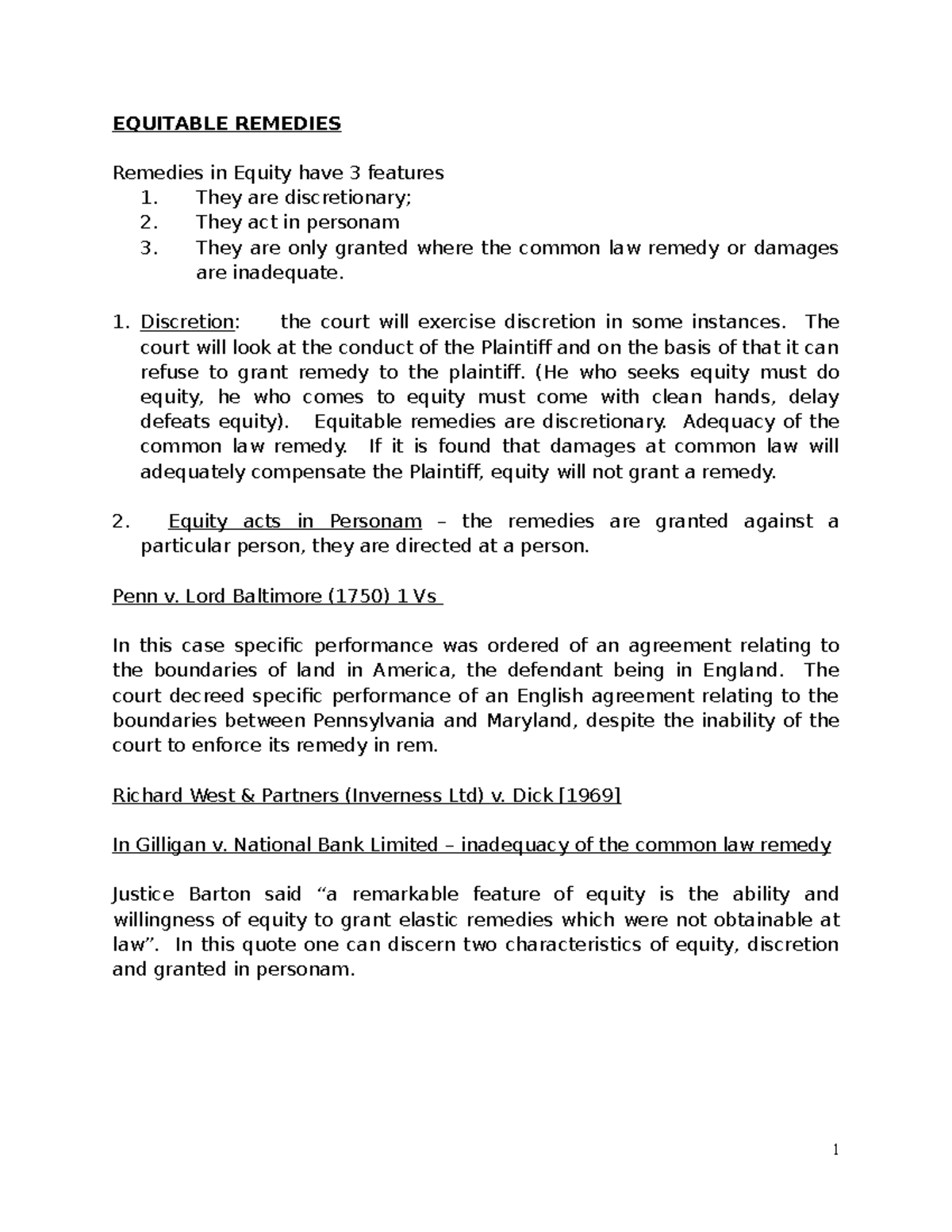 Equitable Remedies Notes for Law Course - Summary and Cases - Studocu