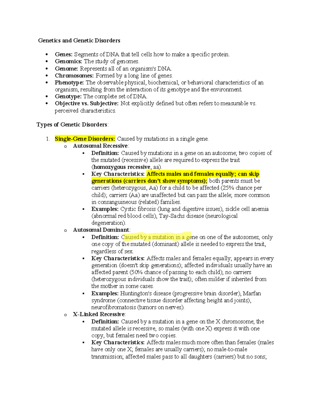 Exam 1 Pathophysiology Notes (2025) - Genetics, Disorders, and ...