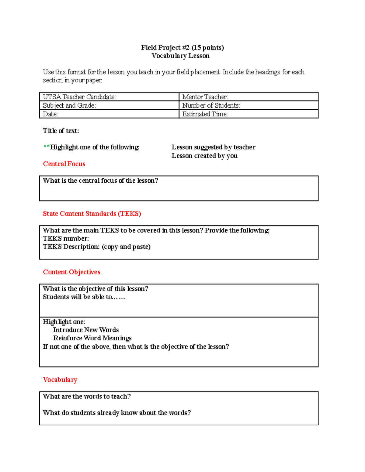 Vocabulary Lesson Plan Template for Field Project #2 EPP Fall 2022 ...