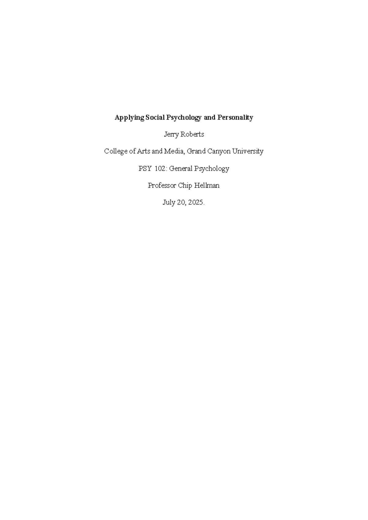 PSY 102: Applying Social Psychology & Personality Insights - Studocu