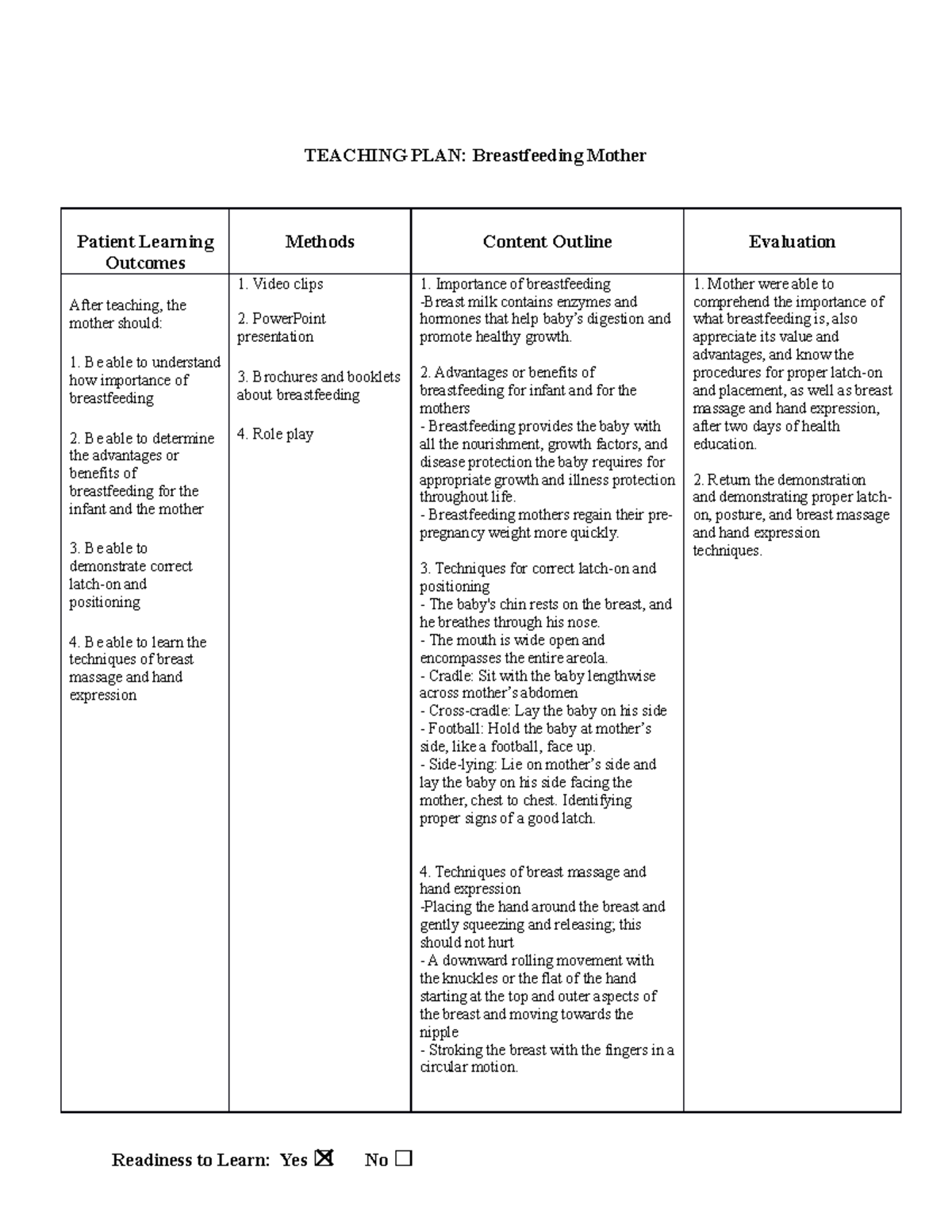 Teaching Plan: Breastfeeding - Techniques and Patient Outcomes - Studocu