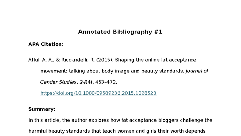 AP Seminar Annotated Bibliographies on Body Image and Beauty Standards ...