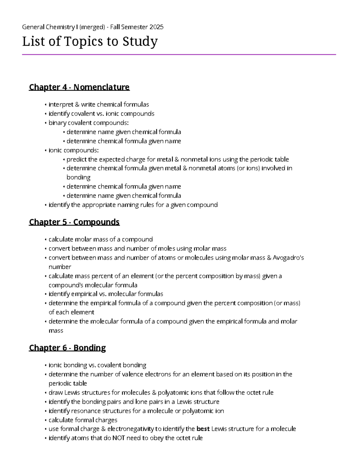 General Chemistry I (CHEM 101) - Fall 2025 Study Topics Outline - Studocu