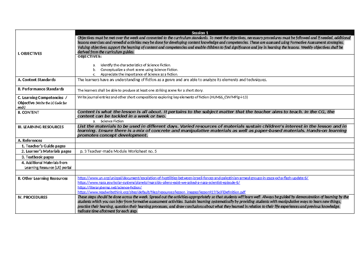 COT3 - Lesson Plan: Science Fiction Objectives & Procedures - Studocu