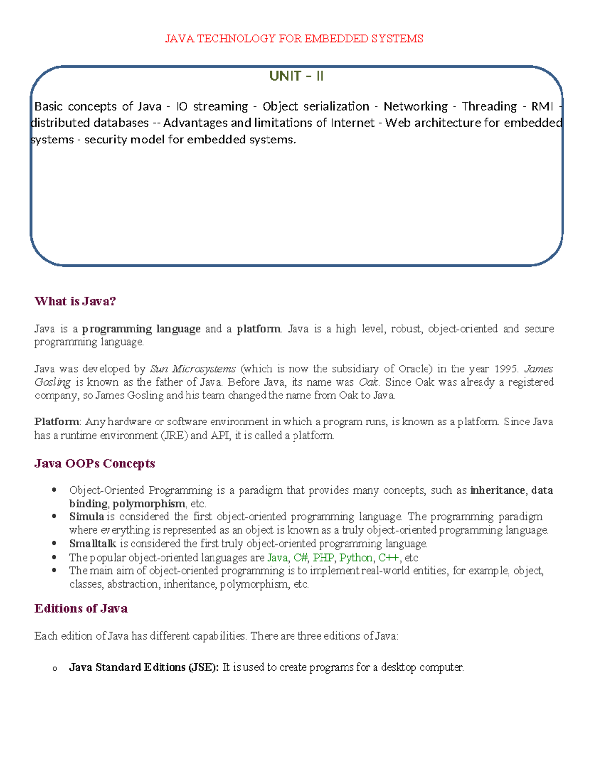 JAVA TECHNOLOGY FOR EMBEDDED SYSTEMS UNIT II: Concepts of IO ...