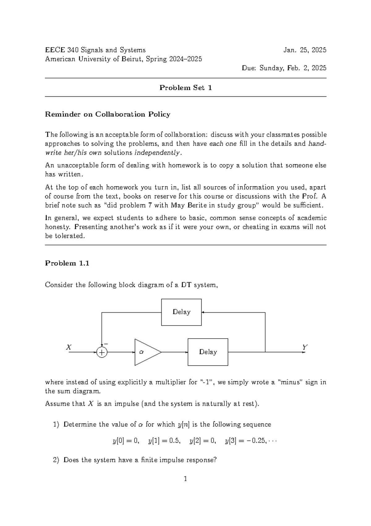 EECE 340 Signals and Systems problem set 1 practice handout - Studocu
