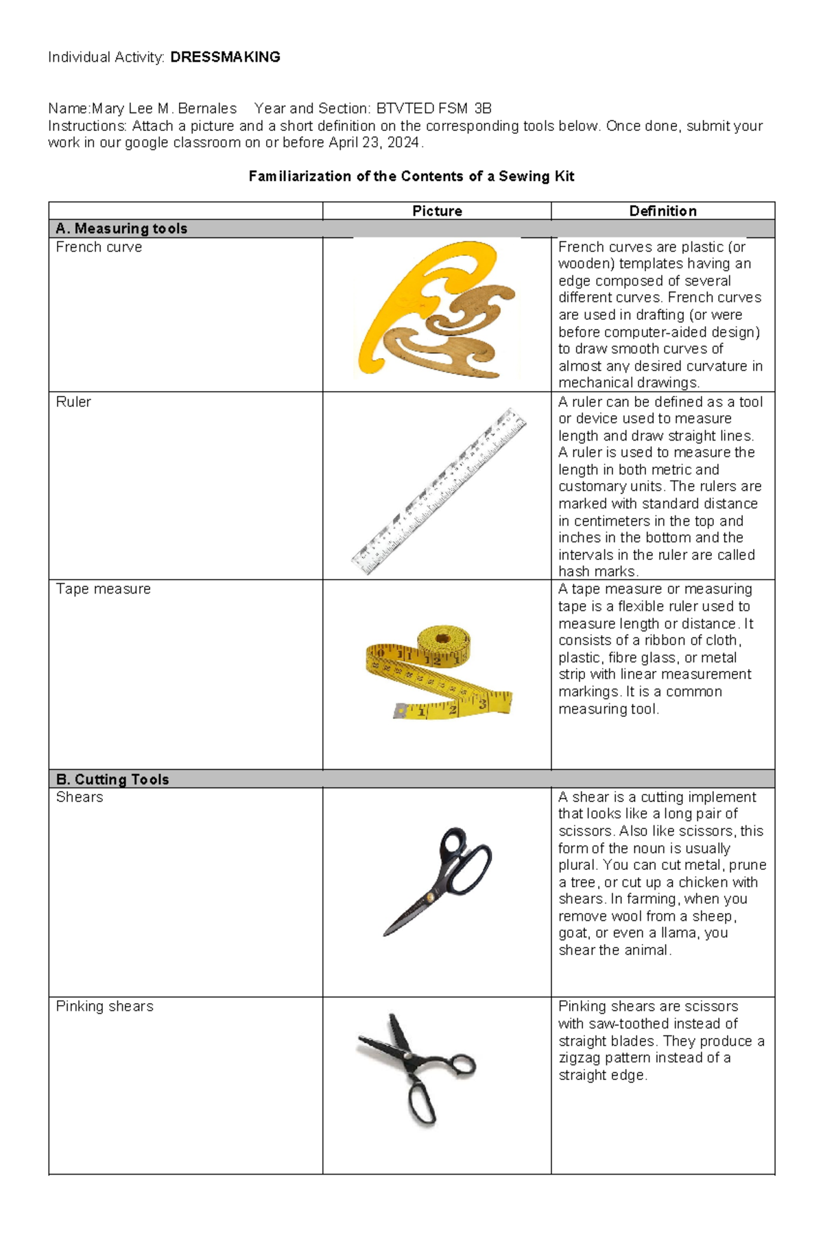 Home Economics Individual Activity Dressmaking - Individual Activity ...
