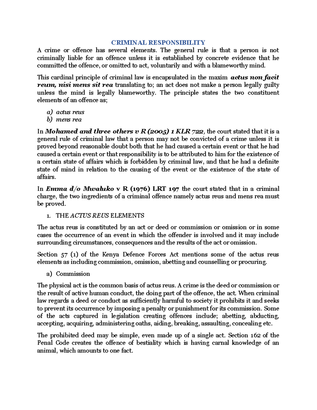 WEEK 3 CRIMINAL LAW: Understanding Criminal Responsibility Elements ...