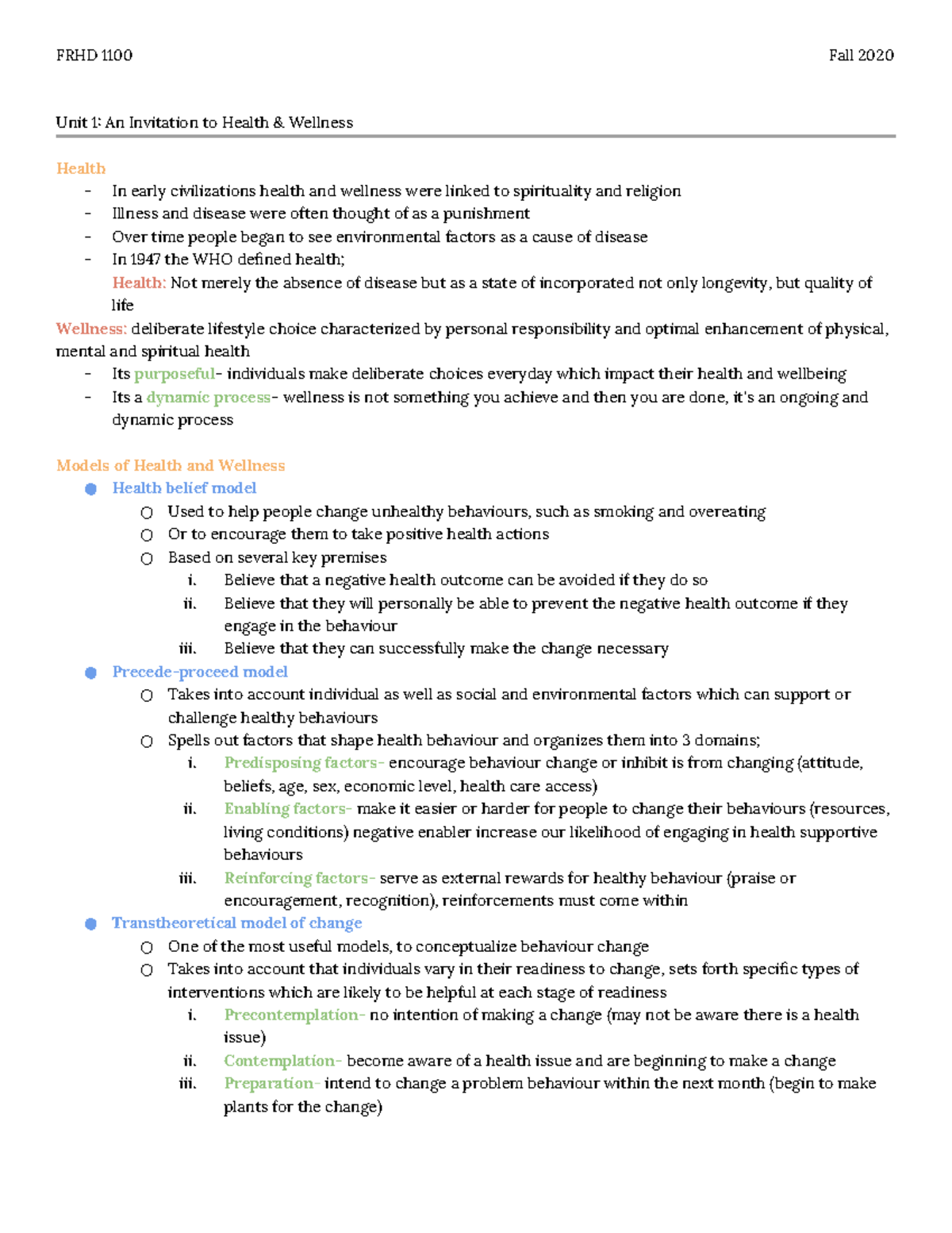 FRHD 1100 Fall 2020 Unit 1: Health and Wellness Overview - Studocu