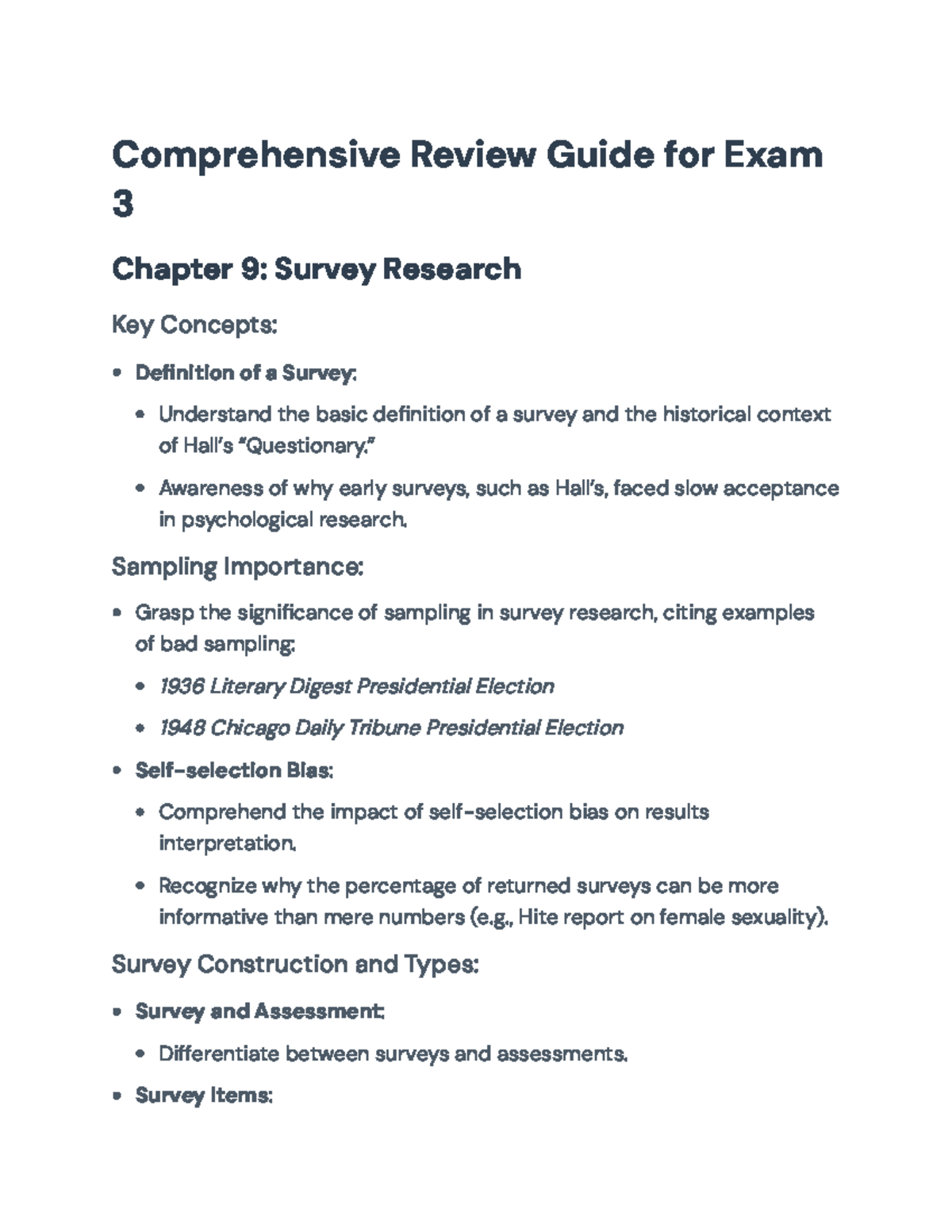 Comprehensive Review Guide for Exam 3: Survey & Observational Research ...