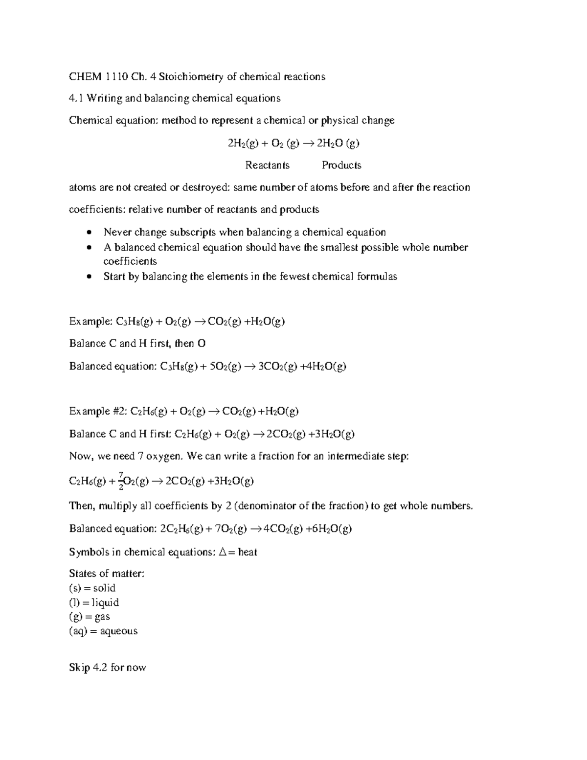CHEM 1110 Final Exam Notes: Stoichiometry & Chemical Reactions - Studocu