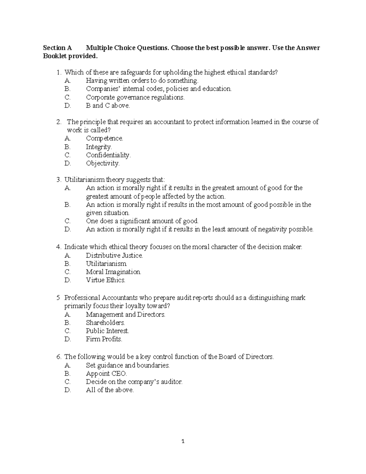 ACC202 2019 paper Teams - Section A Multiple Choice Questions. Choose ...