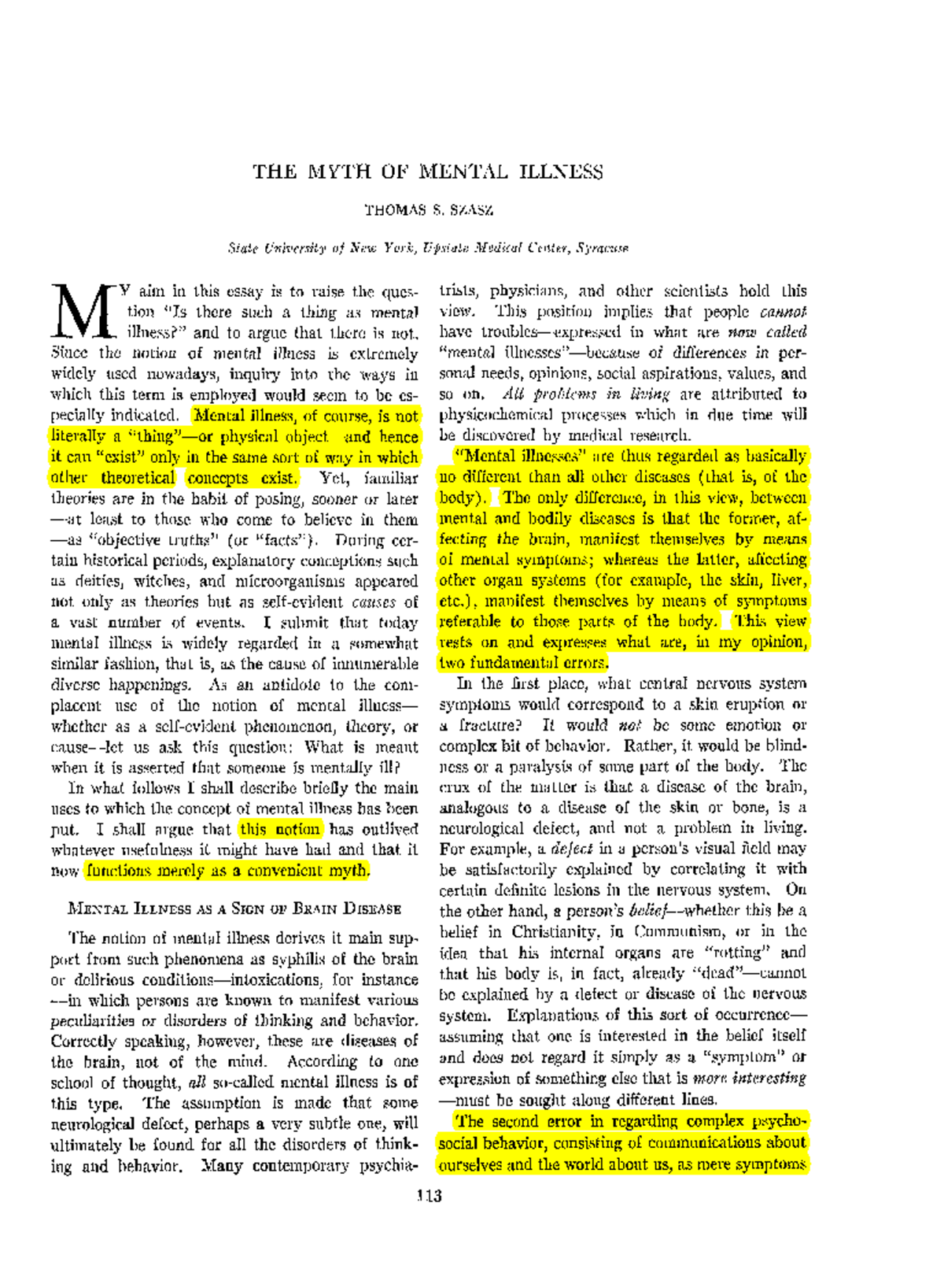 Szasz's The Myth of Mental Illness: A Critical Analysis - Studocu