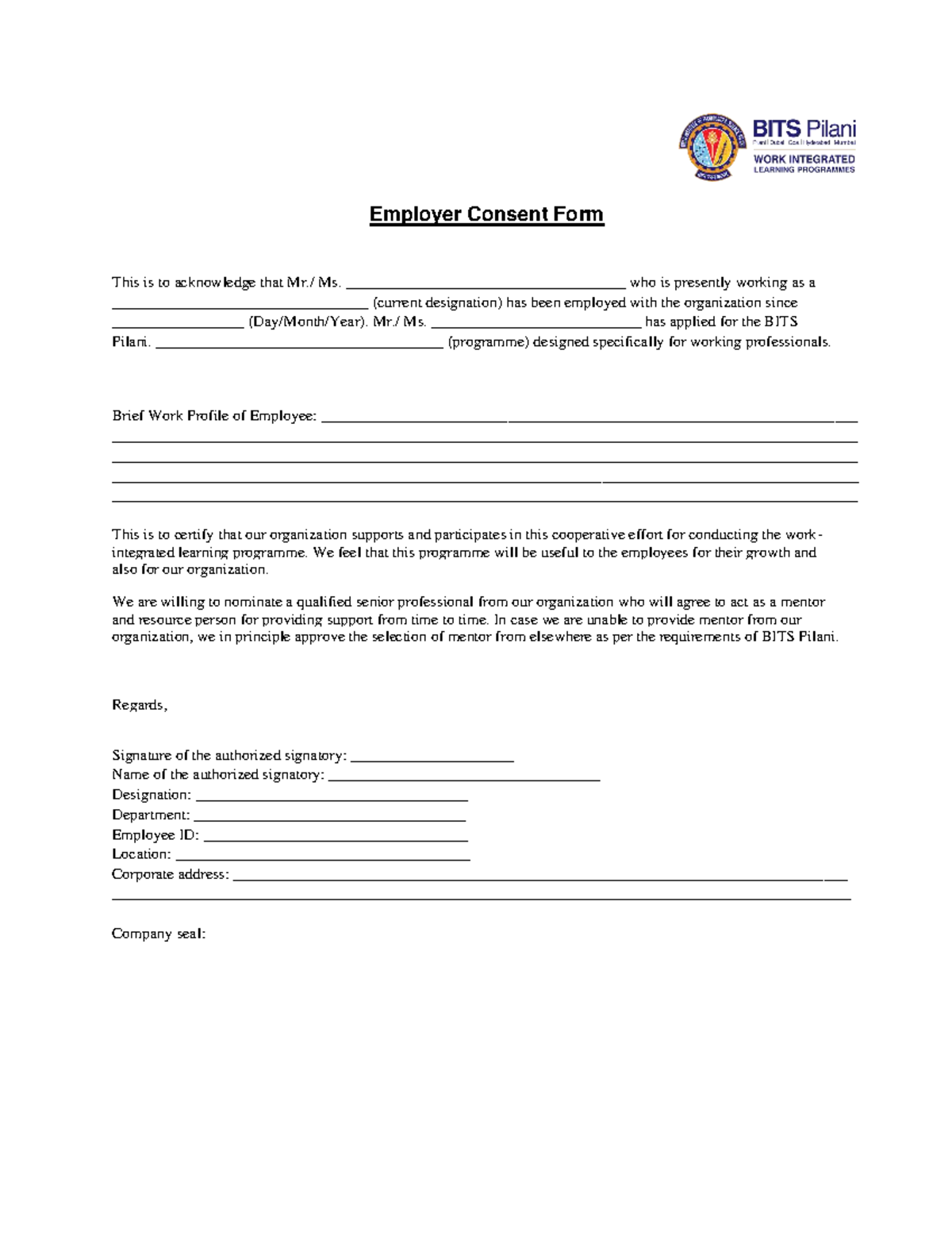 Employer Consent Form for BITS Pilani Programme (Ecf Doc) - Studocu