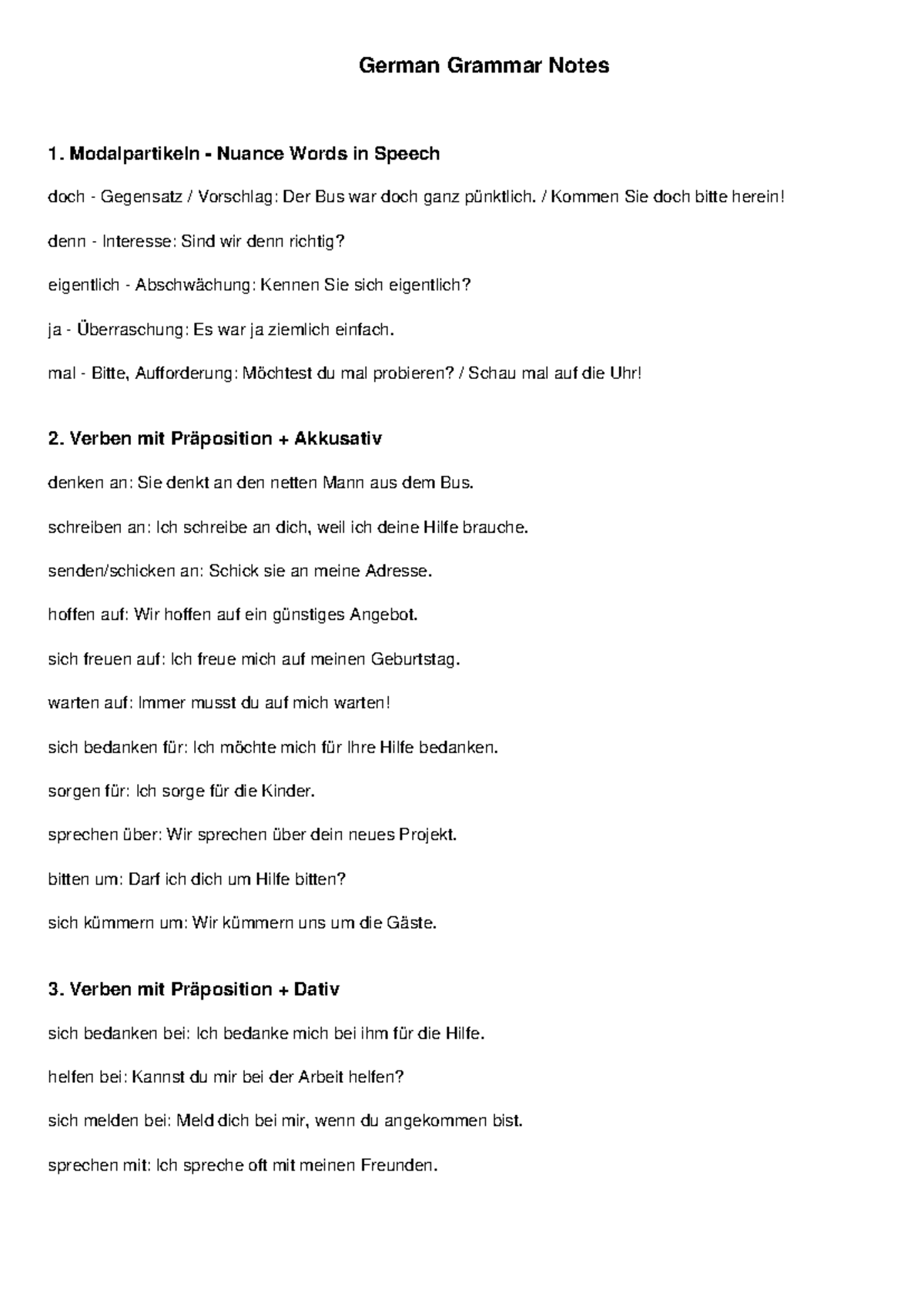 German Grammar Notes: Modalpartikeln & Verben mit Präpositionen - Studocu