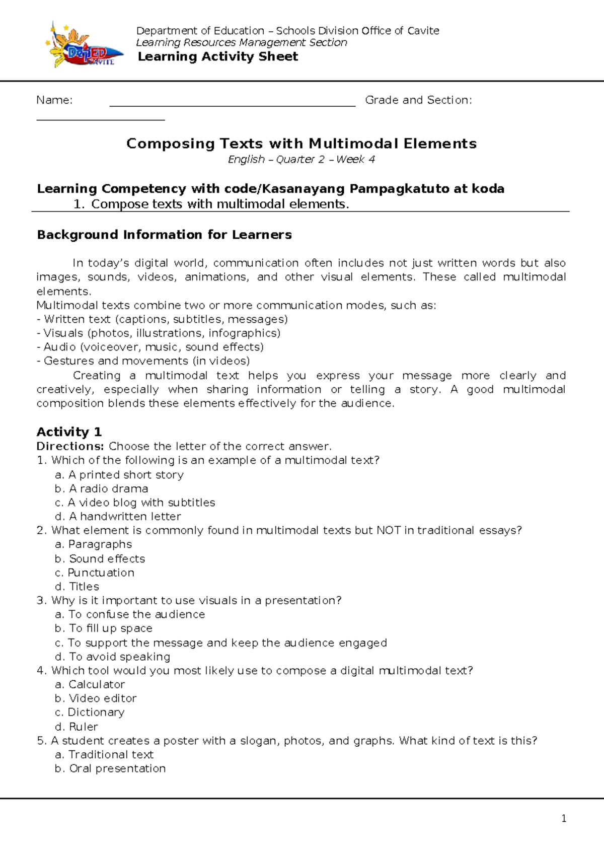 ENG10-Q2 LAS: Composing Multimodal Texts - Week 4 Activities - Studocu