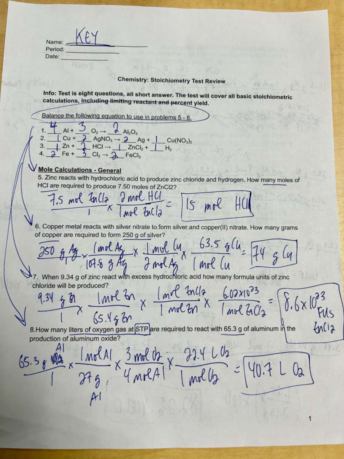 Stoich Test Review - AK - Name: KEY Period: Date: Chemistry ...