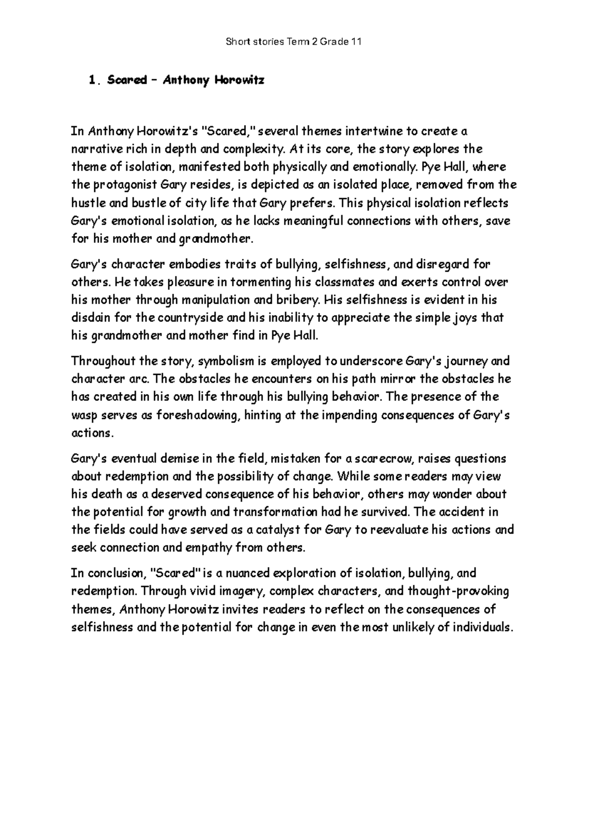 Grade 11 FAL Short Stories Term 2 Analysis & Questions - Studocu