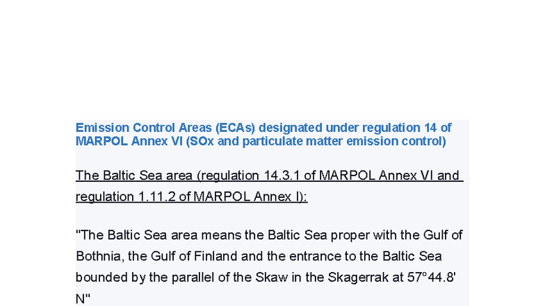 ECA Regulations for Baltic and North Sea Areas - MARPOL VI - Studocu