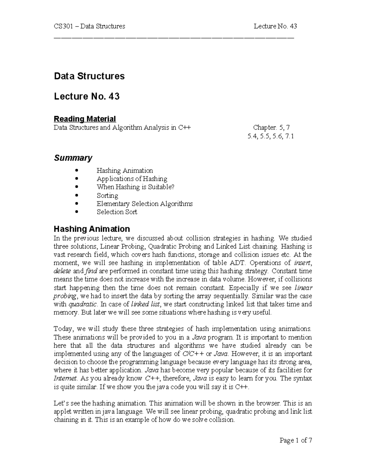 CS301 Data Structures Lecture 43: Hashing Strategies & Sorting Techniques - Studocu