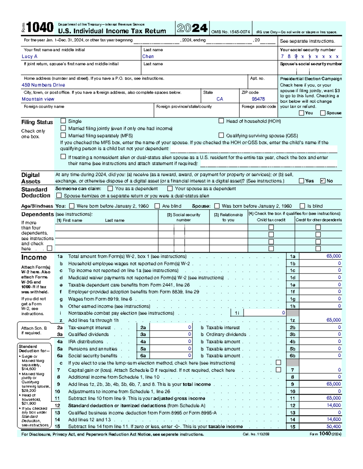 Form 1040 U.S. Individual Income Tax Return 2024 - Lucy A. Chen - Studocu