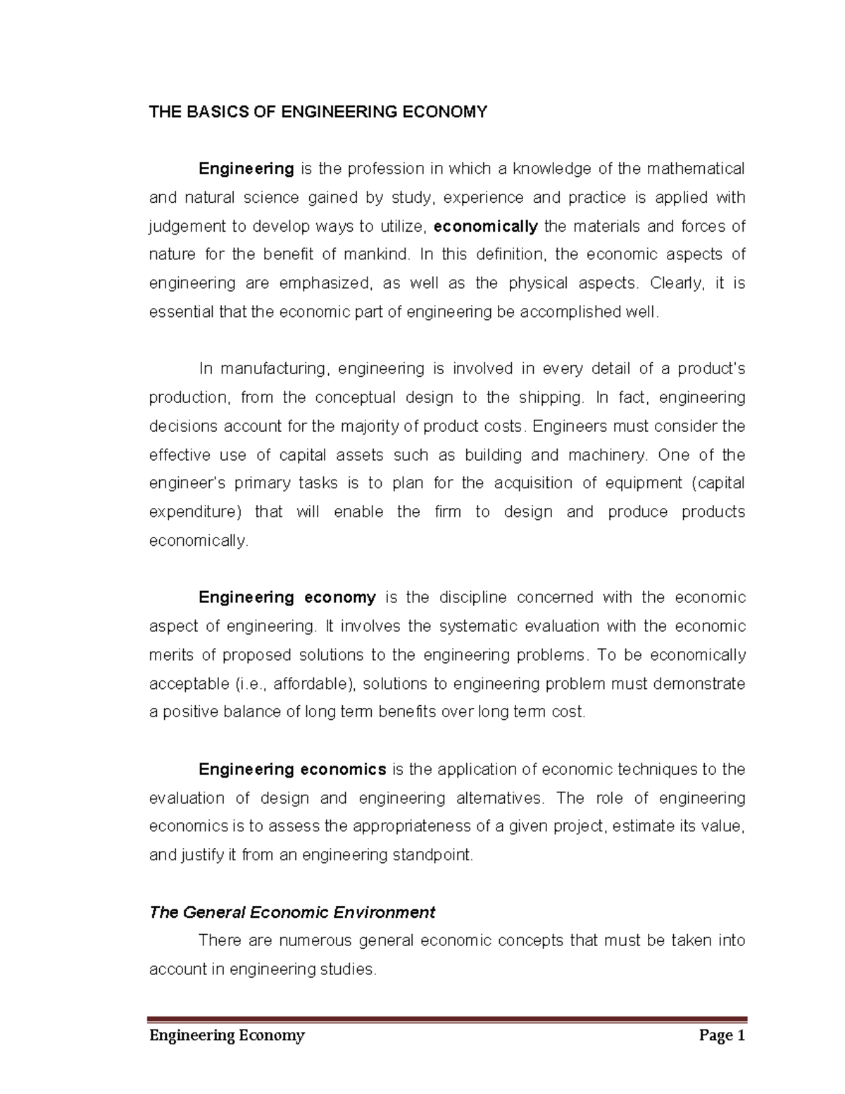 ENGG-ECON Terms: Key Concepts in Engineering Economy Notes - Studocu