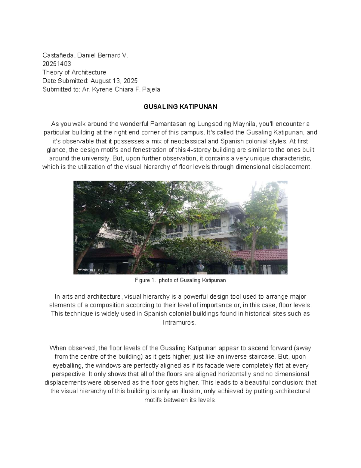 Theory of Architecture 20251403: Analysis of Gusaling Katipunan - Studocu