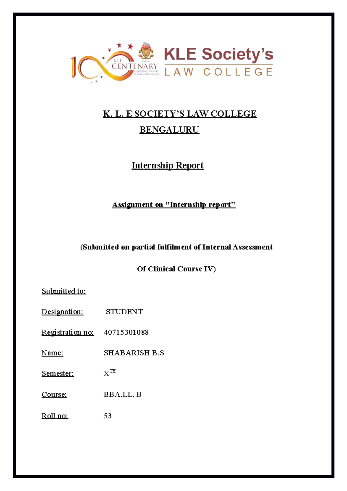 BBA.LL.B Clinical Course IV: Comprehensive Internship Report - Studocu