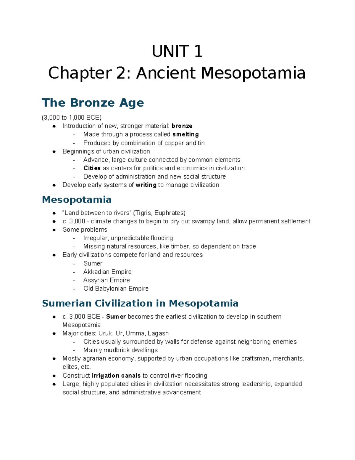 Western Civilization Unit 1: Chapter 2 - Ancient Mesopotamia Overview - Studocu
