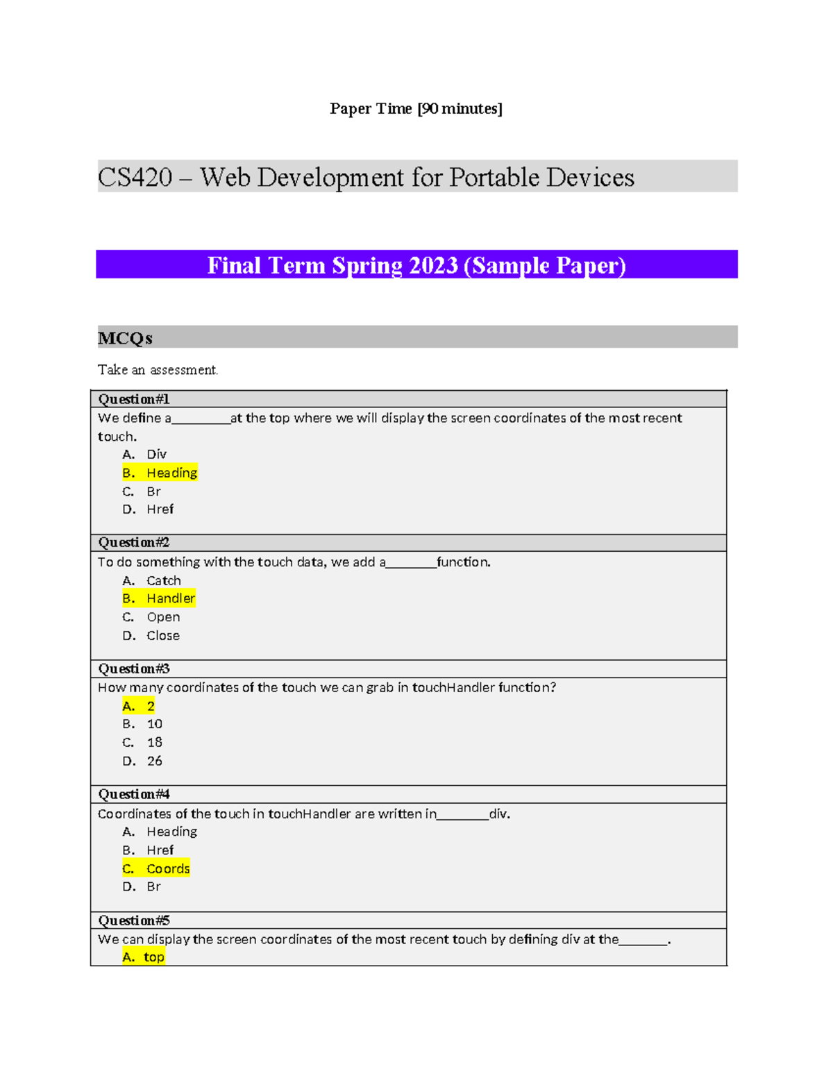 CS420 Web Dev for Portable Devices - Final Exam Sample Paper - Studocu